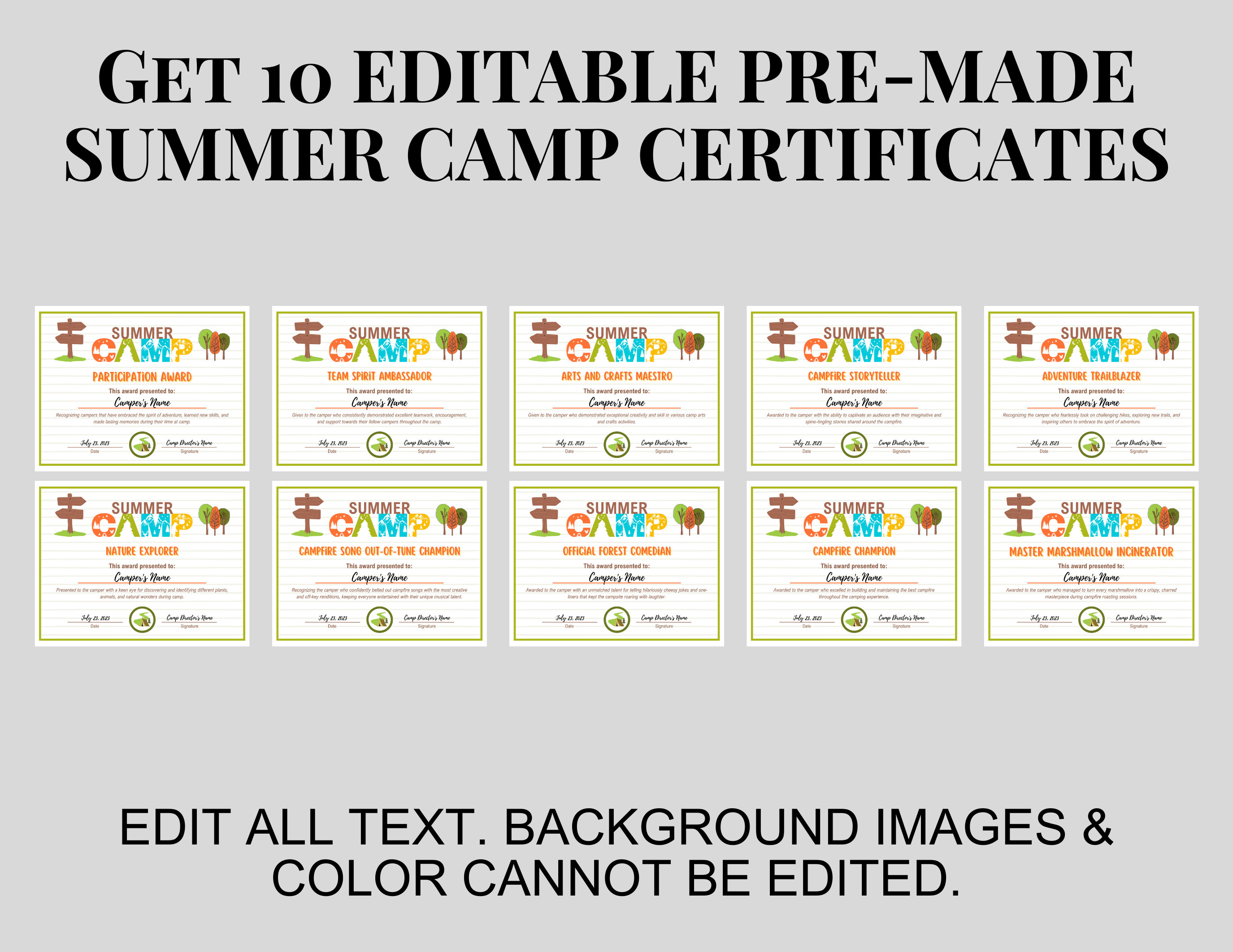 Editable Summer Camp Certificates Personalize and Celebrate Camp ...