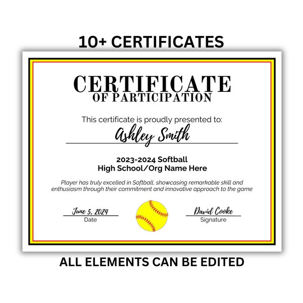 End of Year Softball Certificates - Etsy