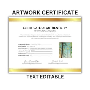 Artwork Certificate of Authenticity Template Digital Download ...