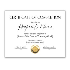 CERTIFICATE of COMPLETION Professional Template Customizable Training ...