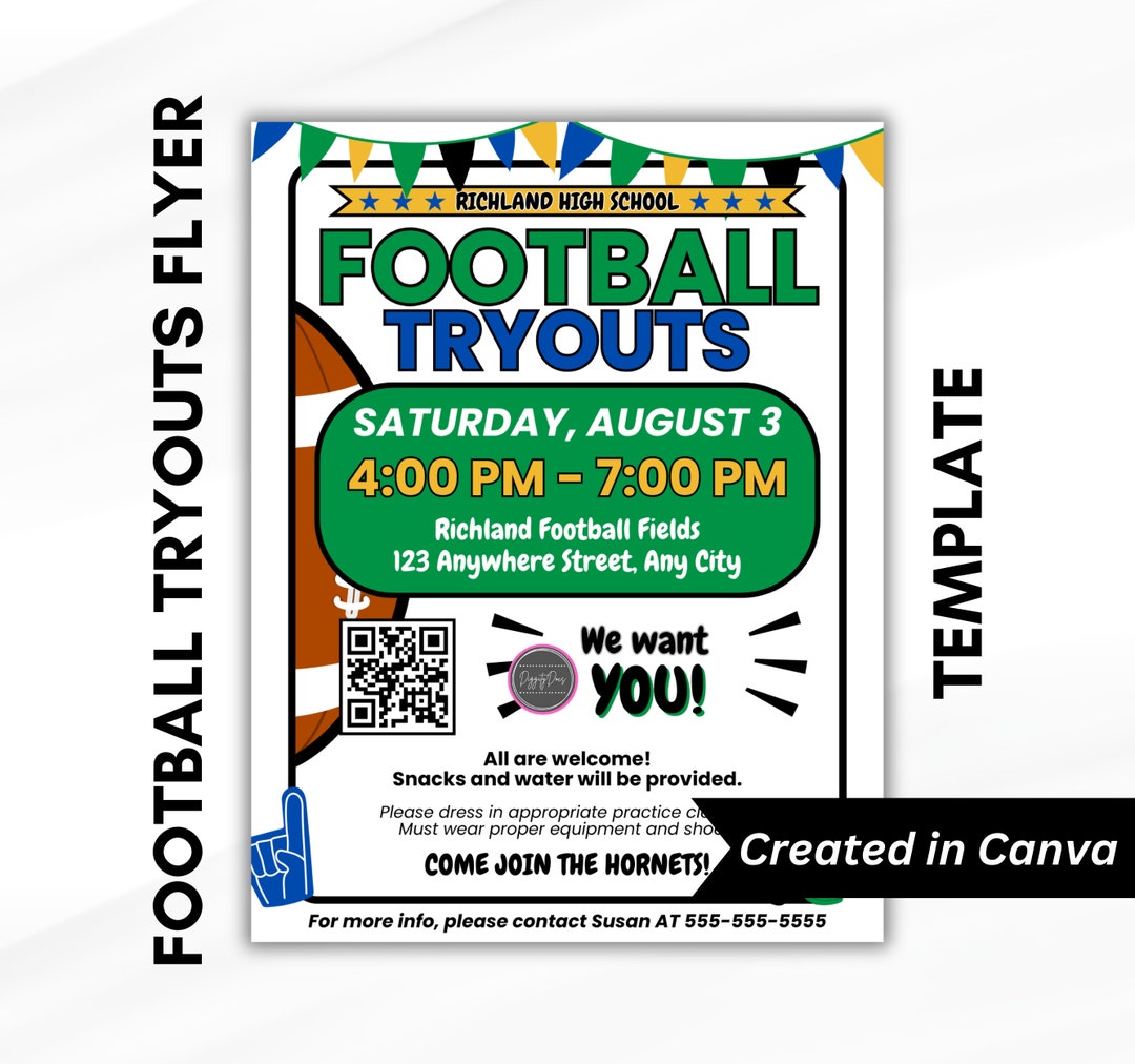 EDITABLE FOOTBALL Tryouts Flyer Template, Football Camp, High School ...