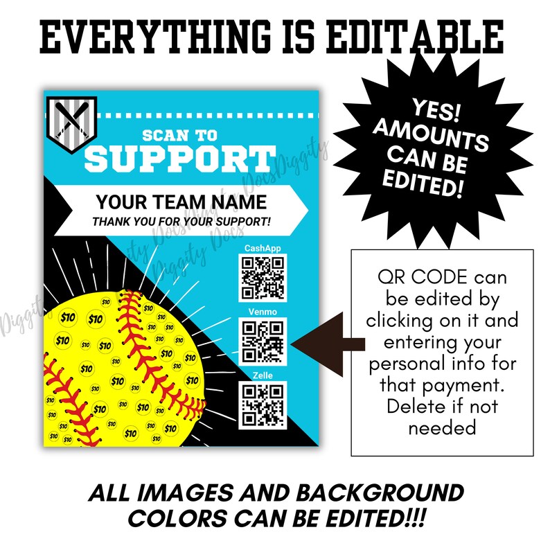 SOFTBALL Fundraiser With QR Code, Color Changing, Custom Template ...