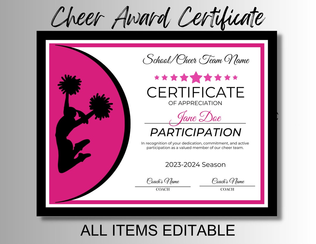 CHEER AWARD Editable Certificates Celebrate Your Cheerleaders ...