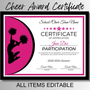 CHEER AWARD Editable Certificates | Celebrate Your Cheerleaders ...