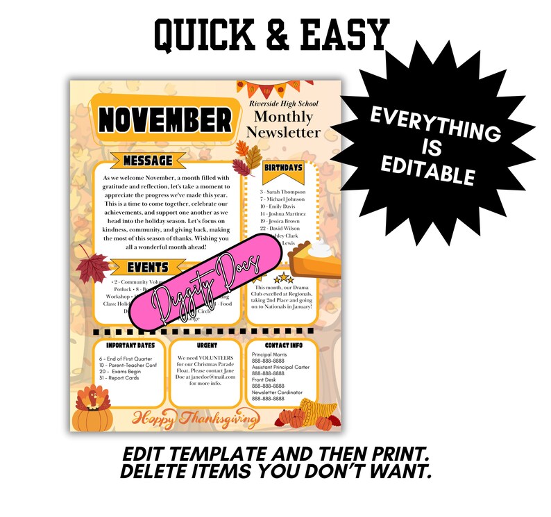NOVEMBER MONTHLY NEWSLETTER, All Elements Are Editable, Great for ...