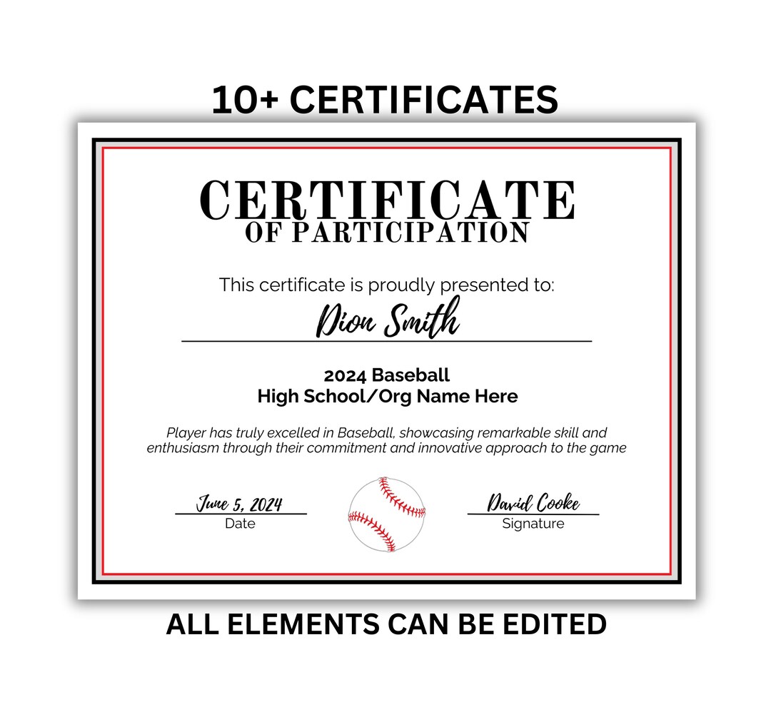 BASEBALL Certificate Award Template Set of 10 Fully Editable Template ...