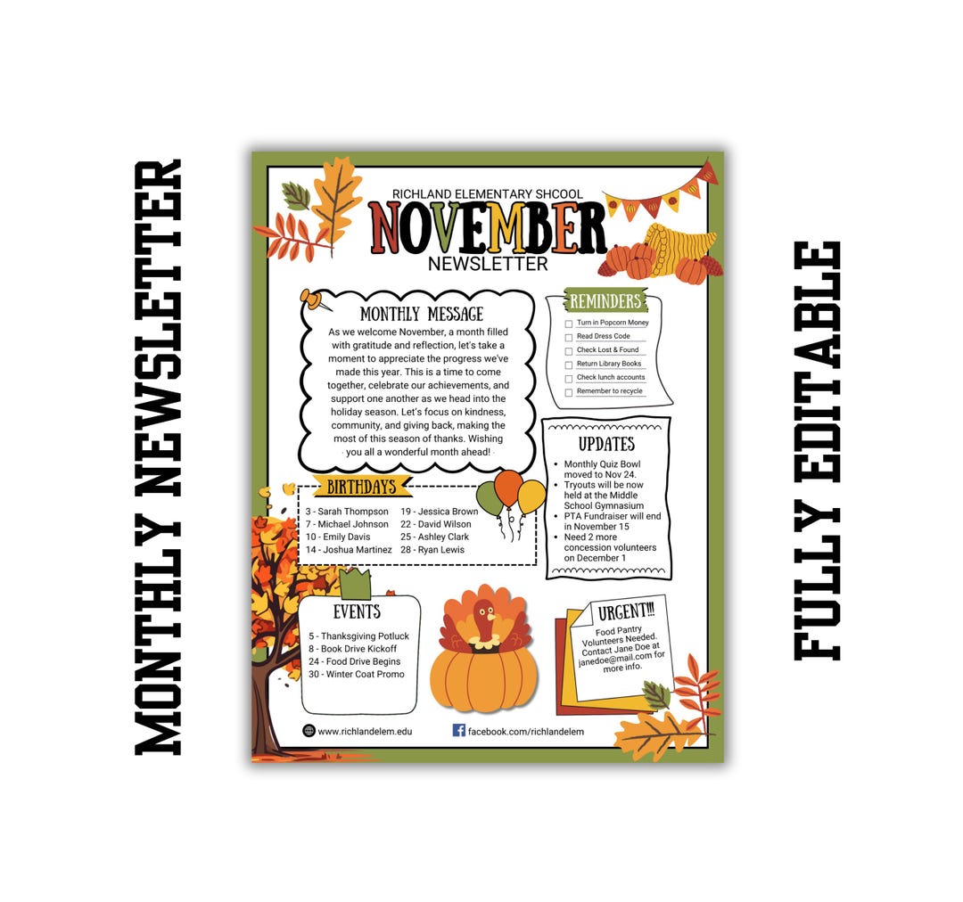 NOVEMBER MONTHLY NEWSLETTER, All Elements Are Editable, Great for ...