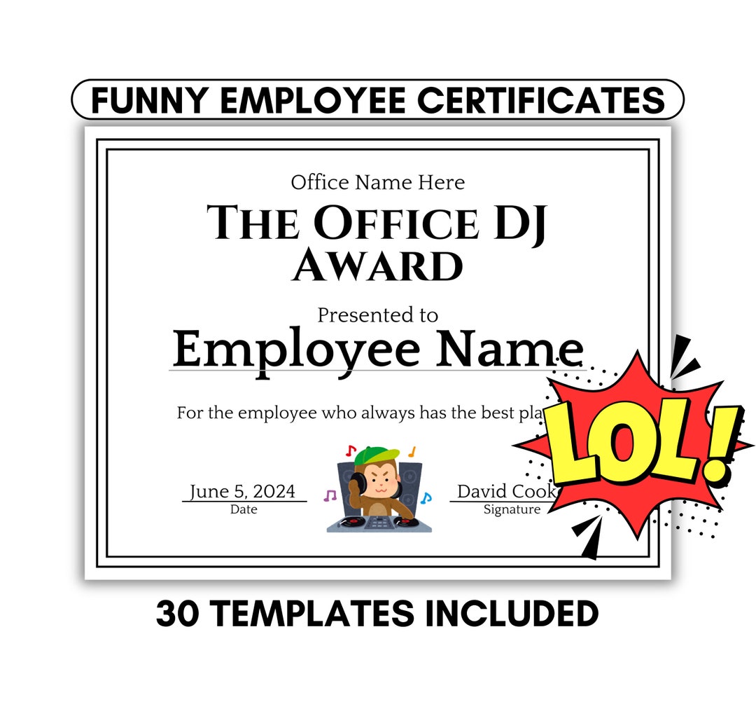 Editable Funny Employee Awards 30 Hilarious Office Recognition ...