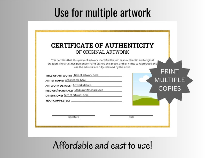 Artwork Certificate of Authenticity Template Digital Download - Etsy