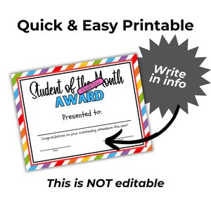 STUDENT of the MONTH Certificate - School Award Printable PDF | School ...