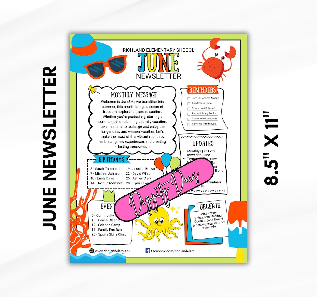 JUNE MONTHLY NEWSLETTER, All Elements Are Editable, Great for Schools ...