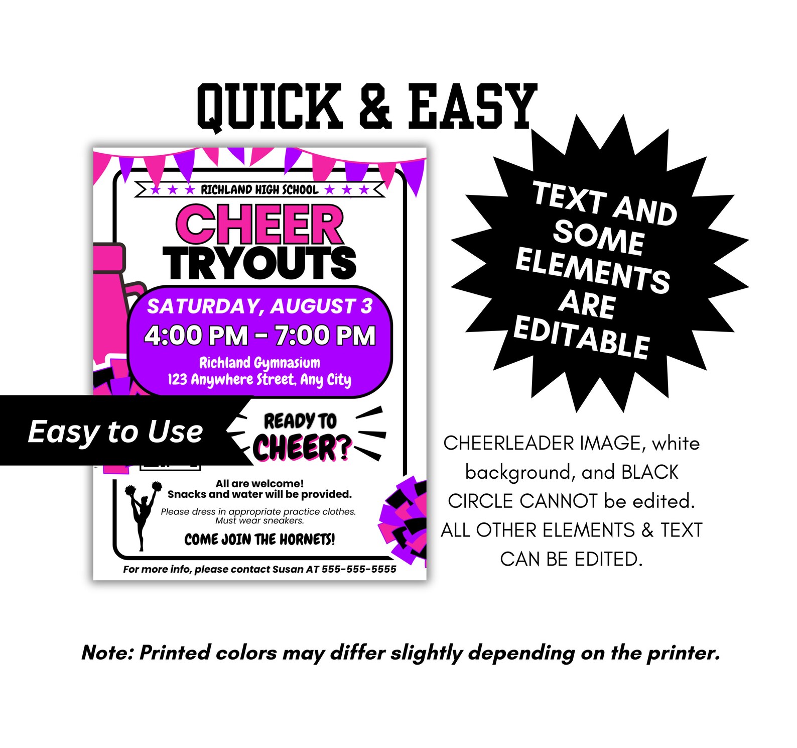 EDITABLE CHEER TRYOUT Flyer for High School or Competitive Cheer, Fully ...