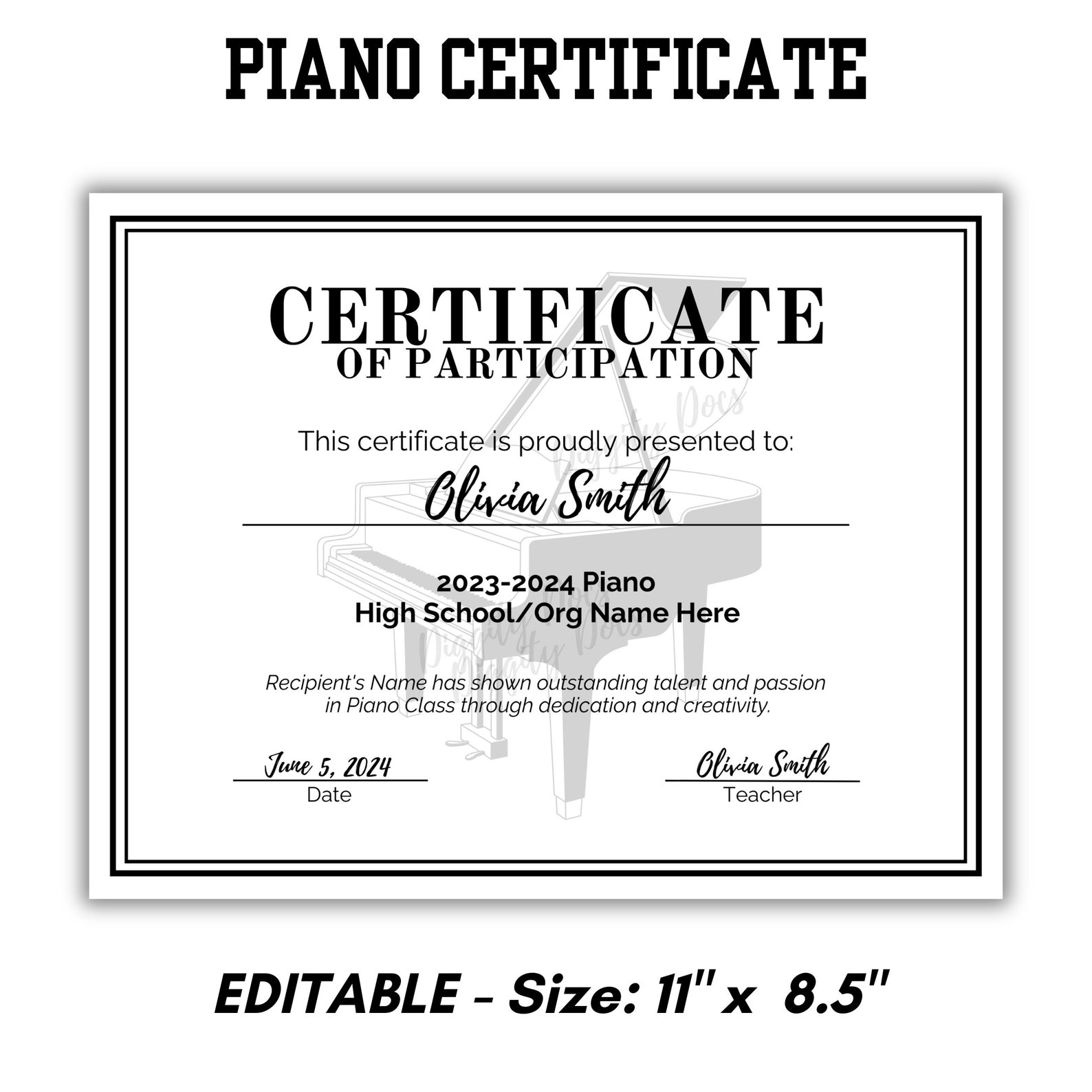 EDITABLE PIANO Participation Certificate Piano Award Piano Theory ...