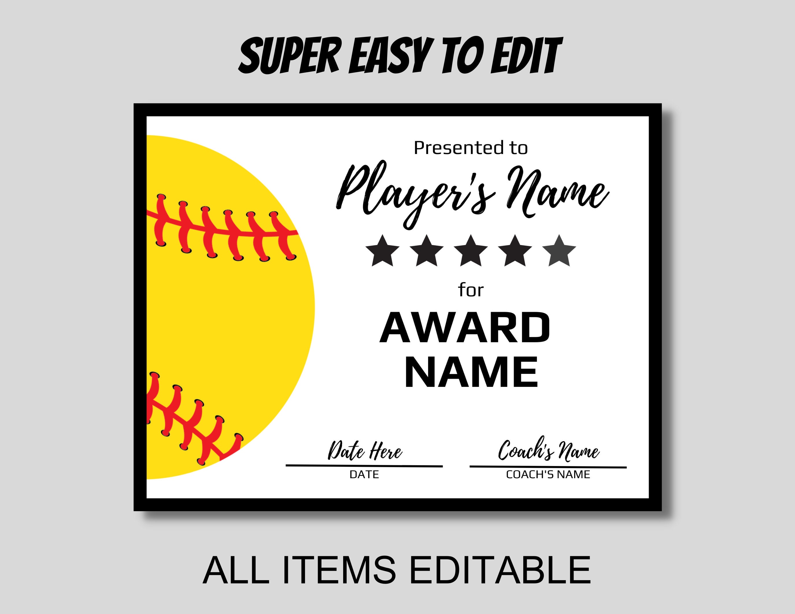 EDITABLE Softball Award Certificates Softball Awards End of Year Awards ...