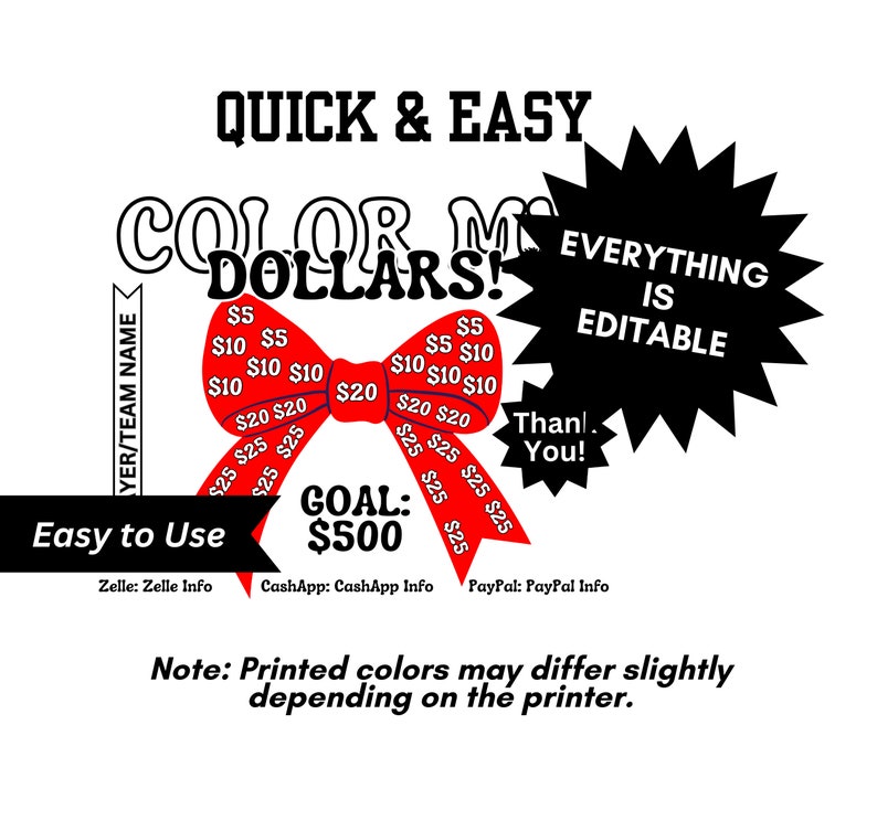 FULLY EDITABLE Cheer Fundraiser Template, Color My Dollars, Fundraising ...