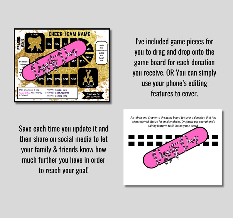Cheer Fill-in Fundraiser Gold Game Board, Editable Fundraiser Template ...
