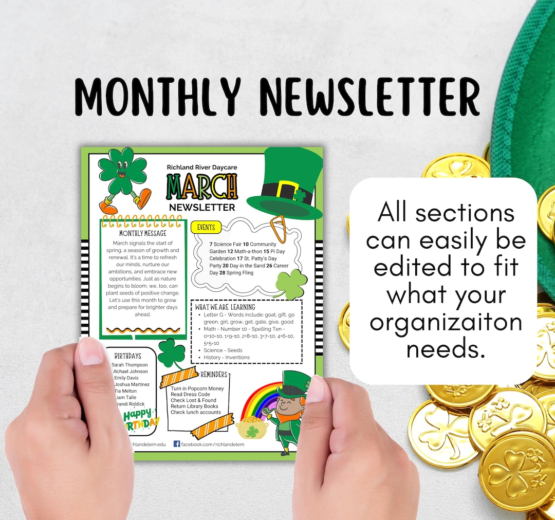 MARCH MONTHLY NEWSLETTER, All Elements Are Editable, Great for Schools ...