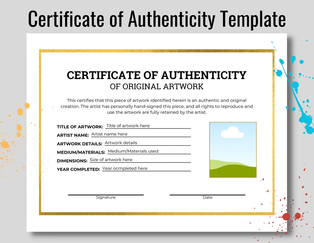Artwork Certificate of Authenticity Template Digital Download Printable ...