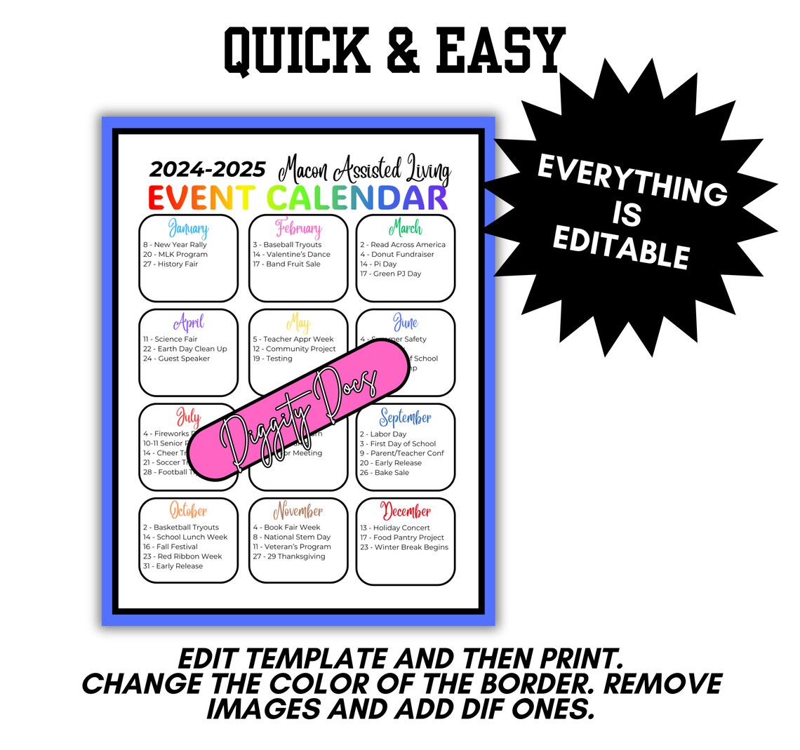 CALENDAR OF EVENTS, Starts With January, Planner, Events Template ...