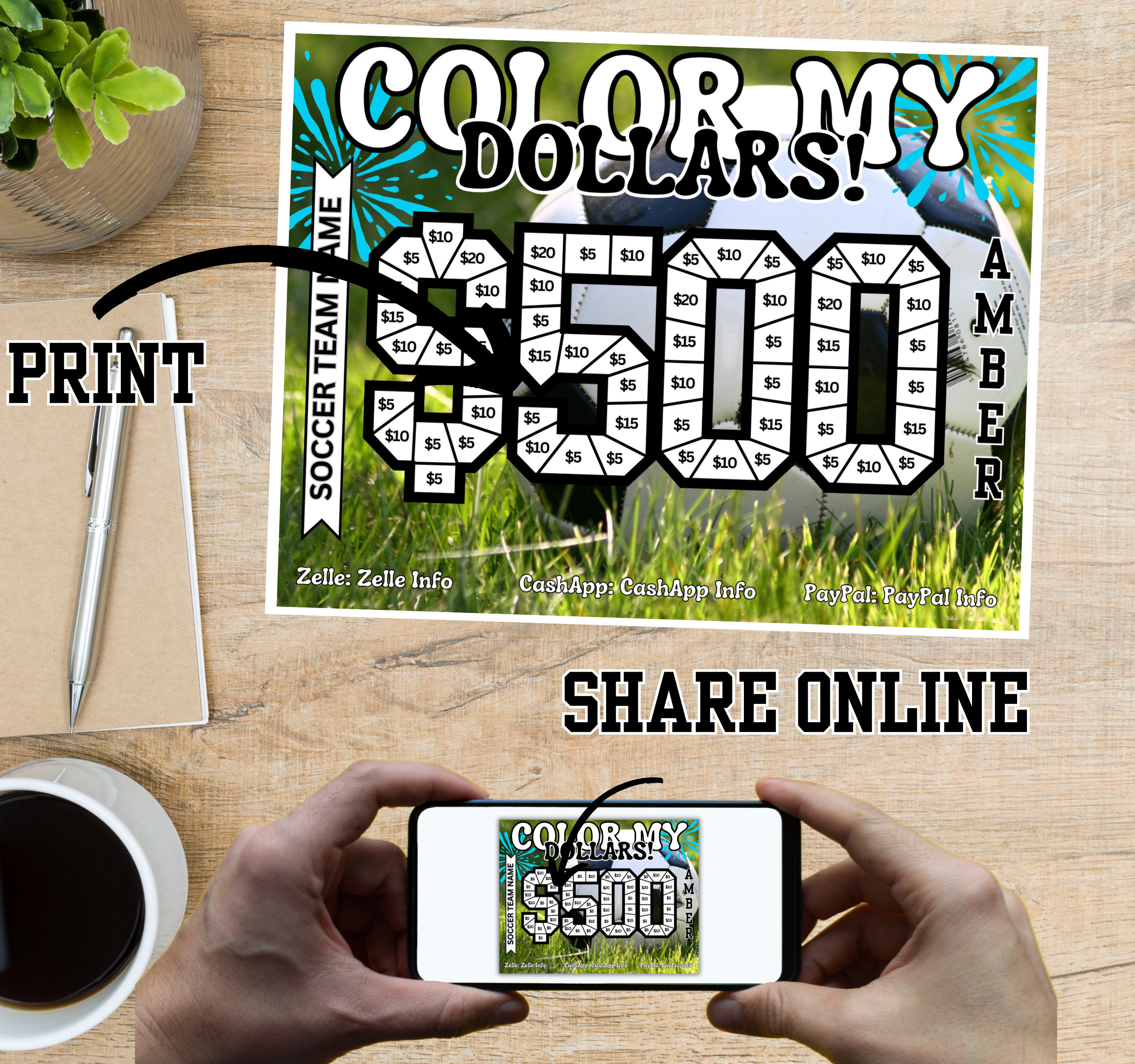FULLY EDITABLE Color My Dollars, Fundraiser, Printable, AAU Soccer ...