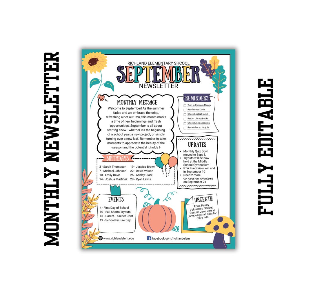SEPTEMBER MONTHLY NEWSLETTER, All Elements Are Editable, Great for ...
