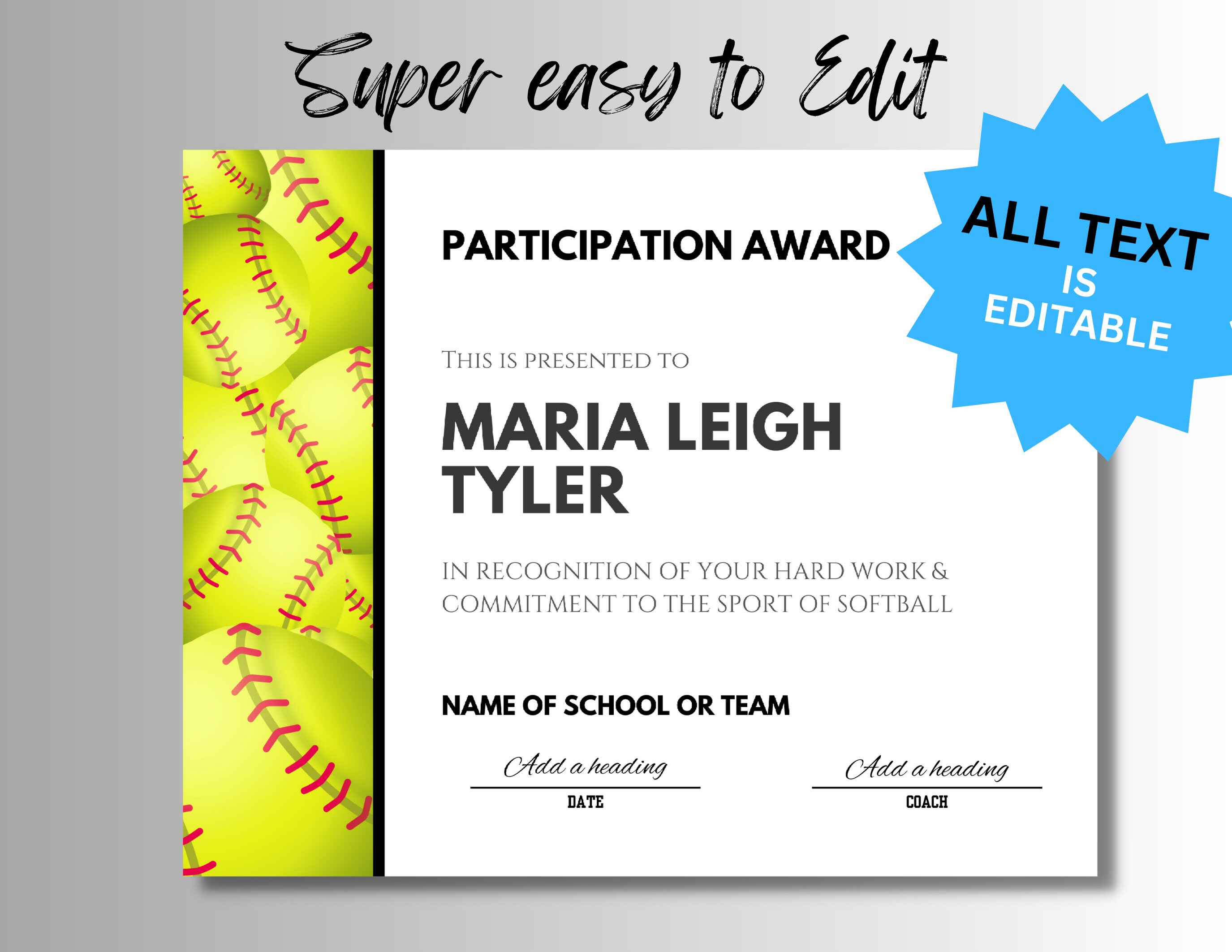 SOFTBALL Award Certificate Templates MVP Award Softball - Etsy