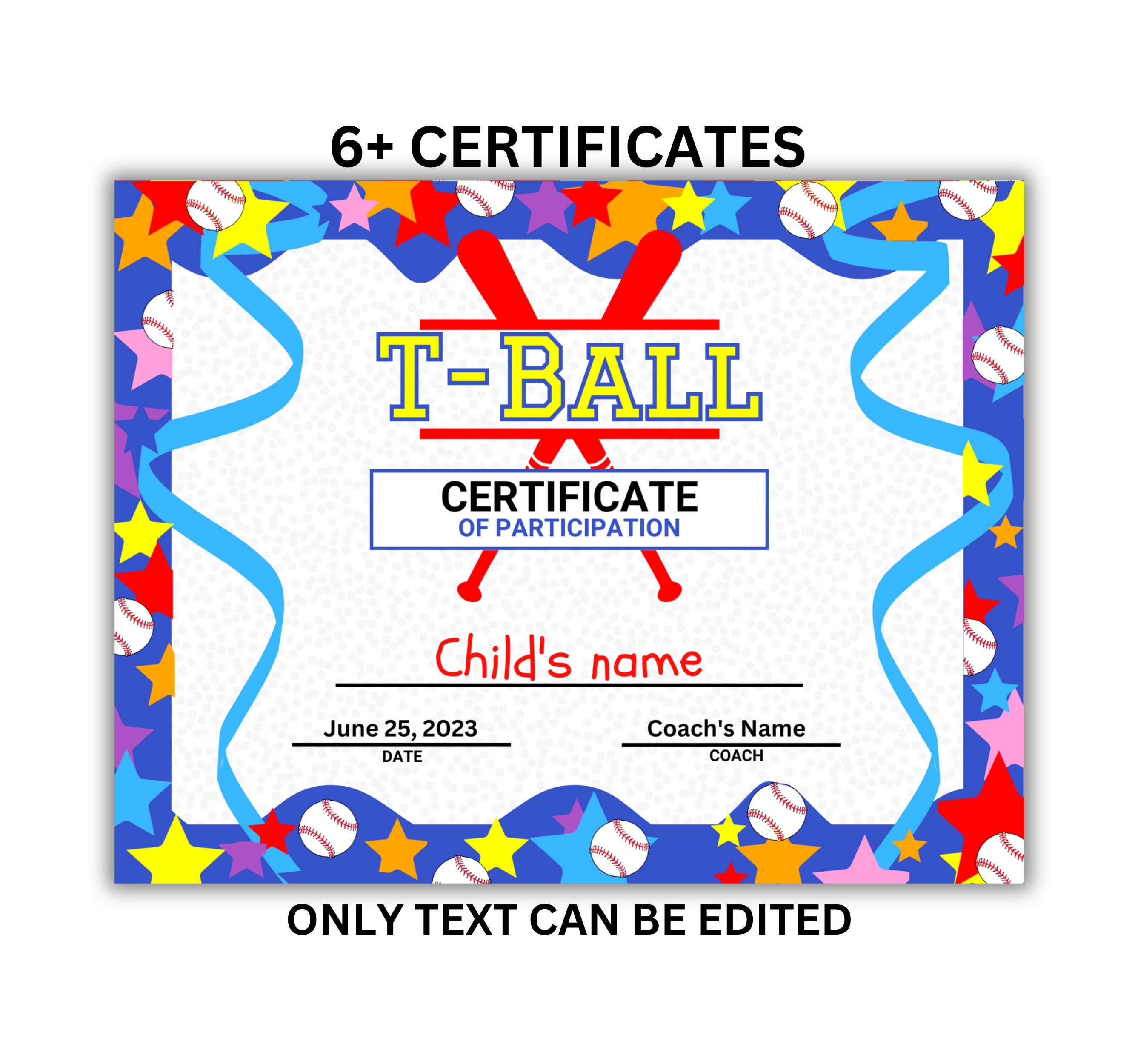 Editable T-ball Certificate Awards Personalize & Celebrate Teeball Team ...