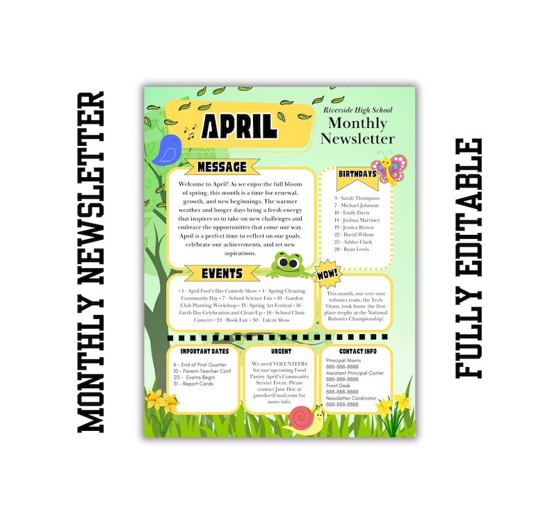 APRIL MONTHLY NEWSLETTER, All Elements Are Editable, Great for Schools ...