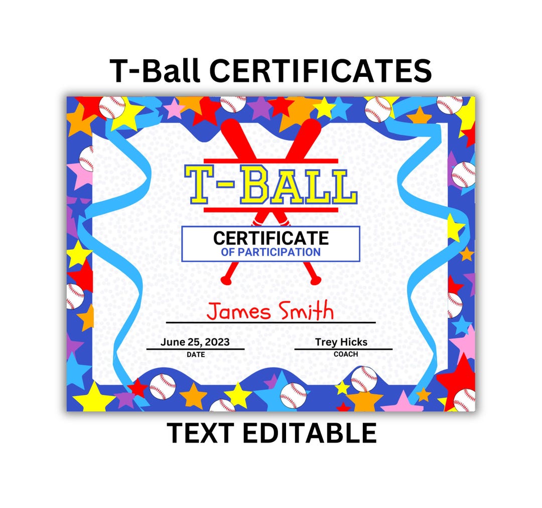 Editable T-ball Certificate Awards | Personalize & Celebrate Teeball ...