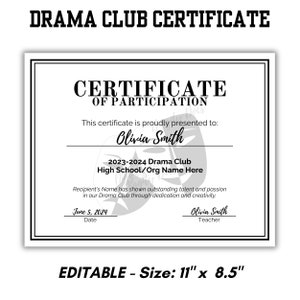 EDITABLE DRAMA CLUB Certificate of Participation| Theater Arts ...