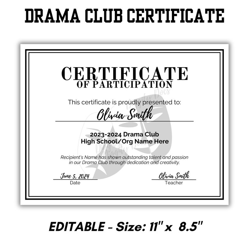 EDITABLE DRAMA CLUB Certificate of Participation Theater Arts Creative ...