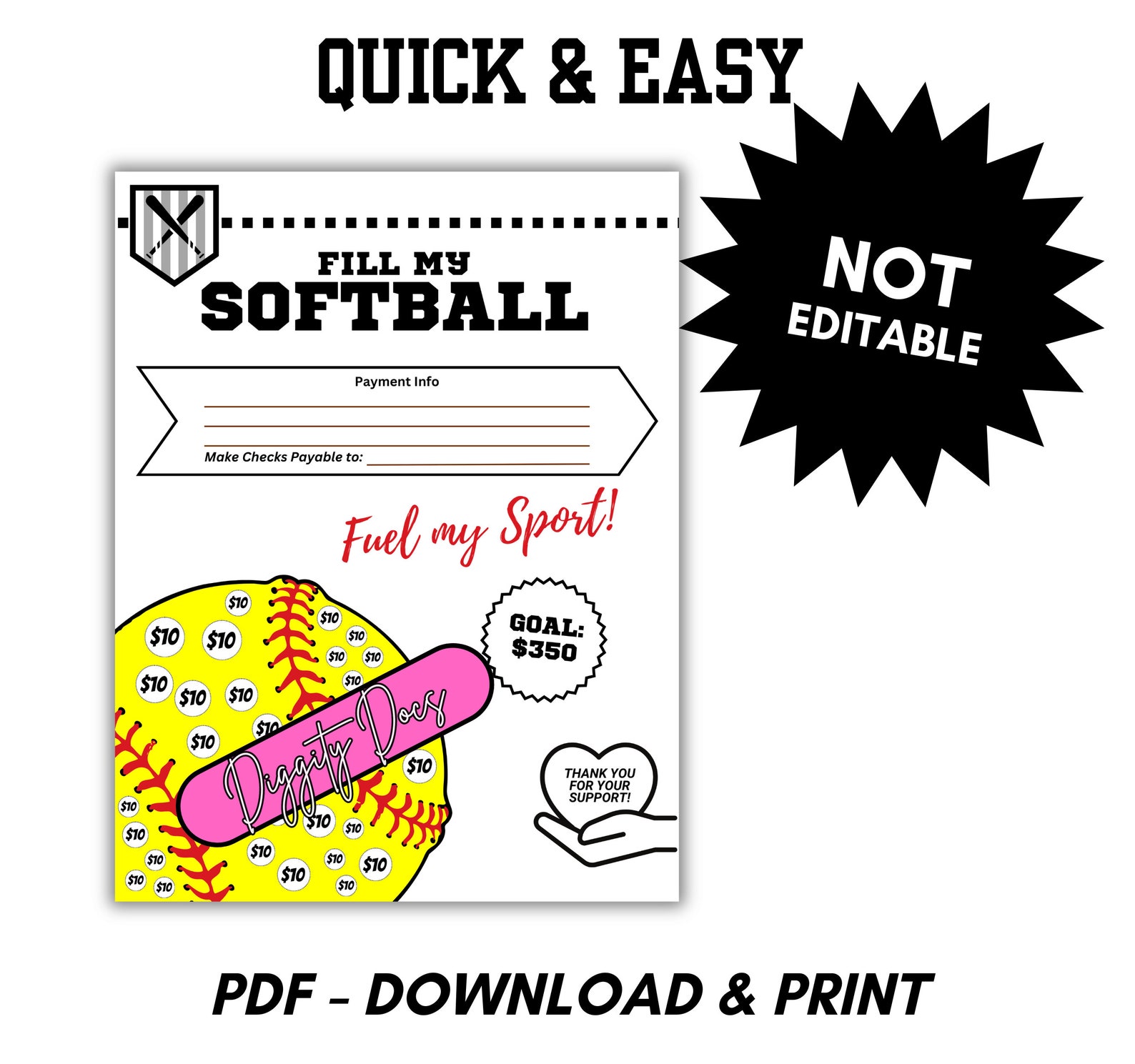 Fill My Softball Fundraiser | Printable 8.5" X 11" | Color-in Donation ...