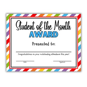STUDENT of the MONTH Certificate School Award Printable PDF School ...