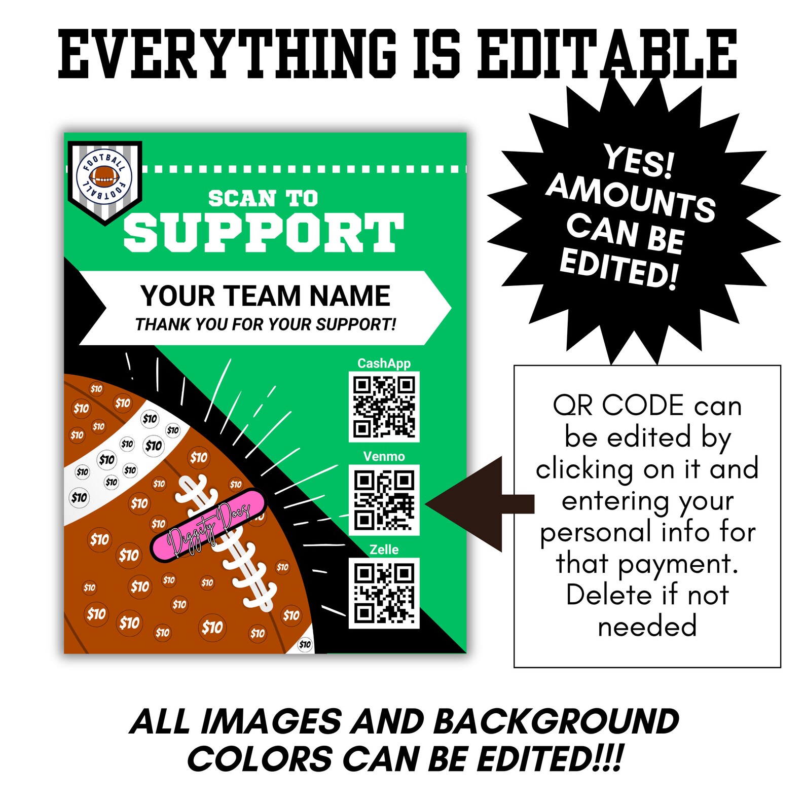 FOOTBALL Fundraiser With QR Code, Color Changing, Custom Template ...