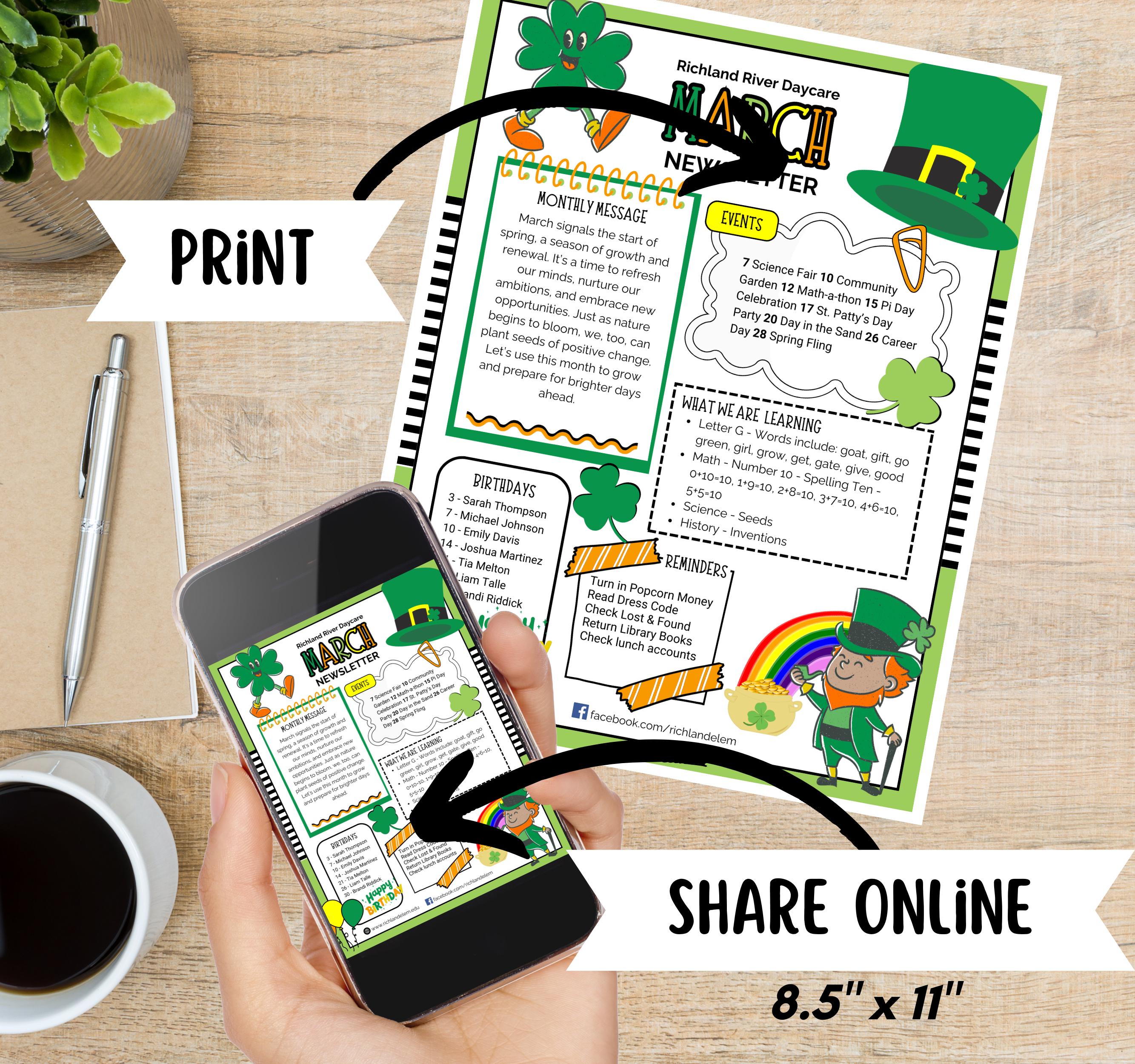 MARCH MONTHLY NEWSLETTER, All Elements Are Editable, Great for Schools ...