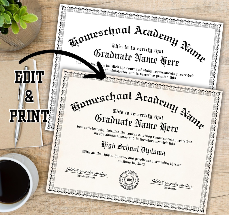 Homeschool High School Diploma Template, Printable Graduation ...