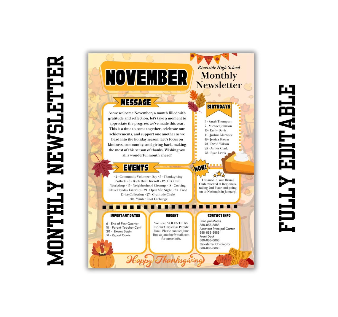 NOVEMBER MONTHLY NEWSLETTER, All Elements Are Editable, Great for ...