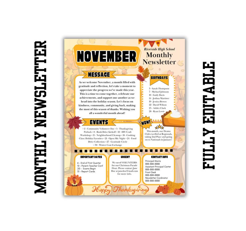 NOVEMBER MONTHLY NEWSLETTER, All Elements Are Editable, Great for ...