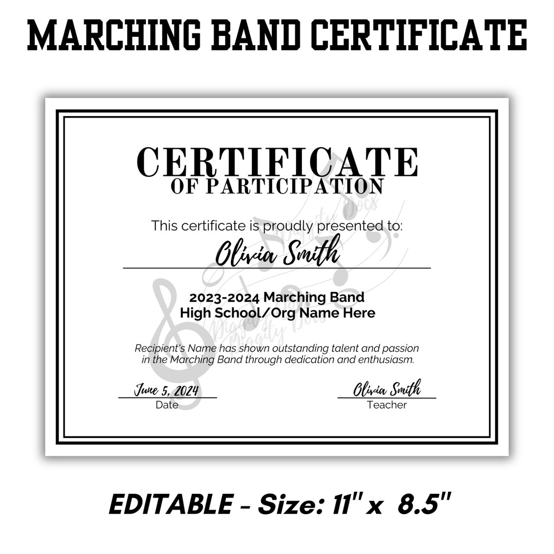 EDITABLE Marching Band Participation Certificate | 11x8.5 | Honor Your ...