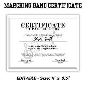 EDITABLE Marching Band Participation Certificate | 11x8.5 | Honor Your ...