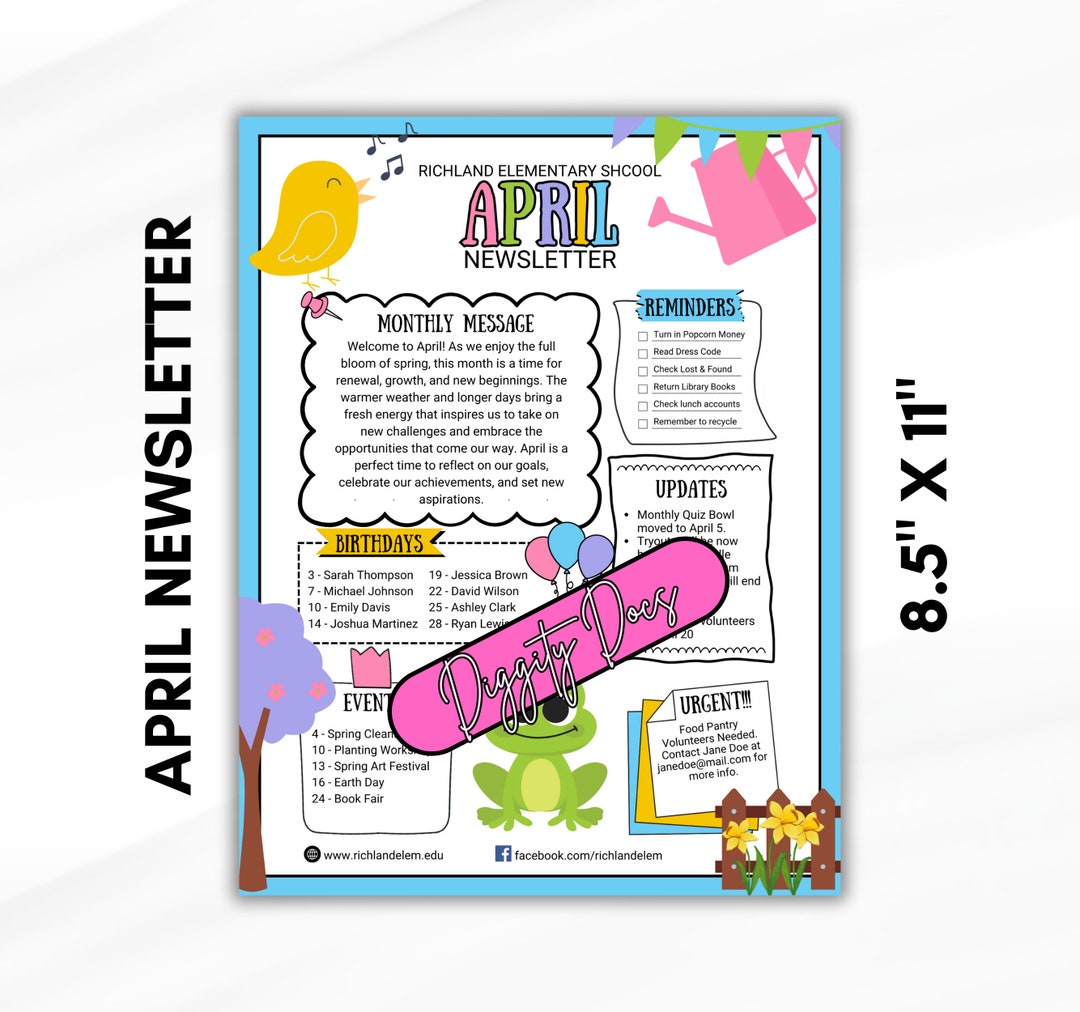 APRIL MONTHLY NEWSLETTER, All Elements Are Editable, Great for Schools ...