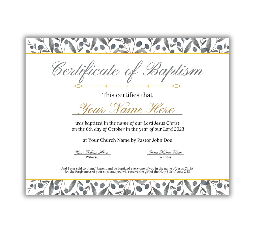 CERTIFICATE of BAPTISM TEMPLATE Customizable Personalized Baptismal ...