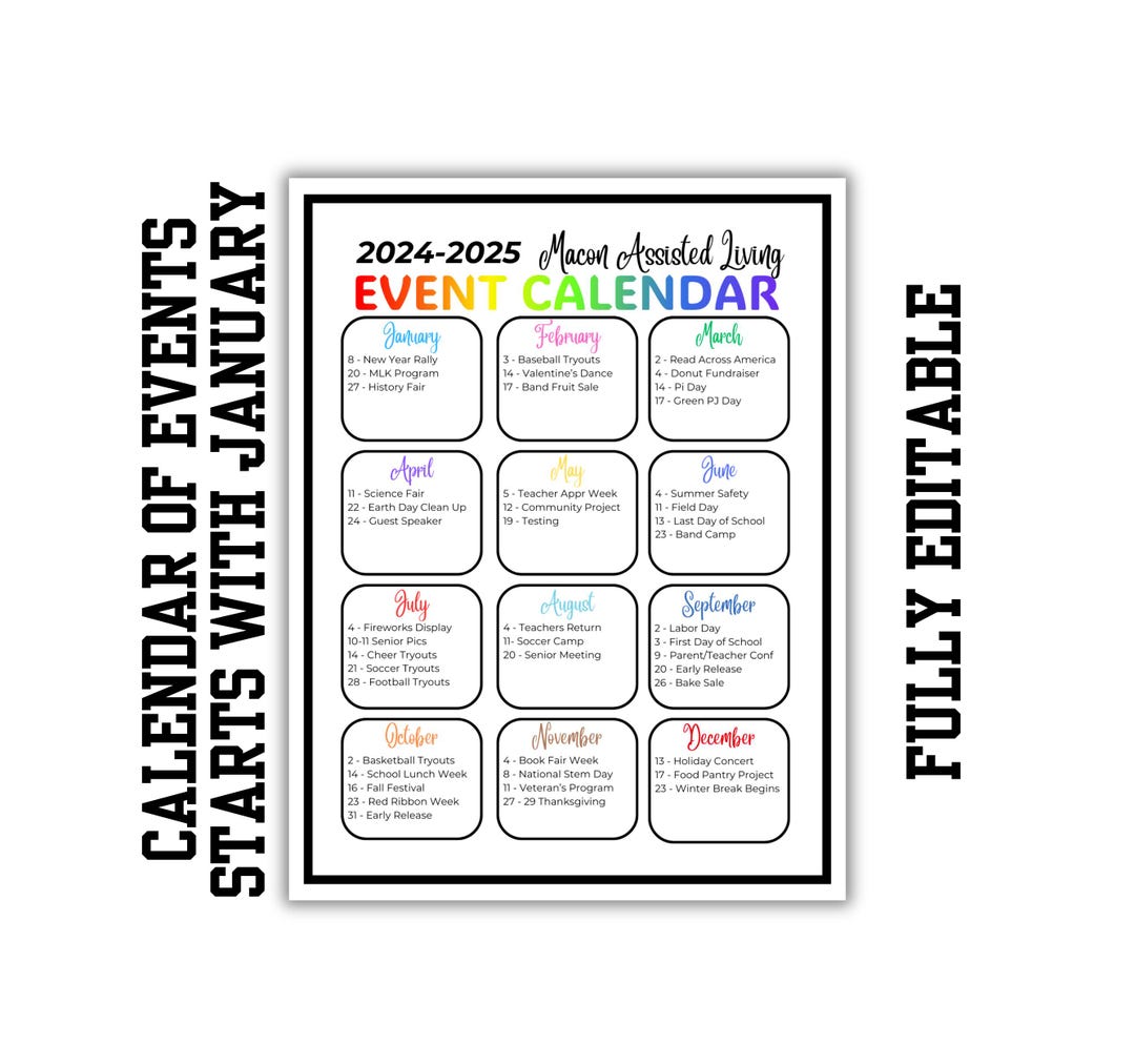 CALENDAR OF EVENTS, Starts With January, Planner, Events Template ...