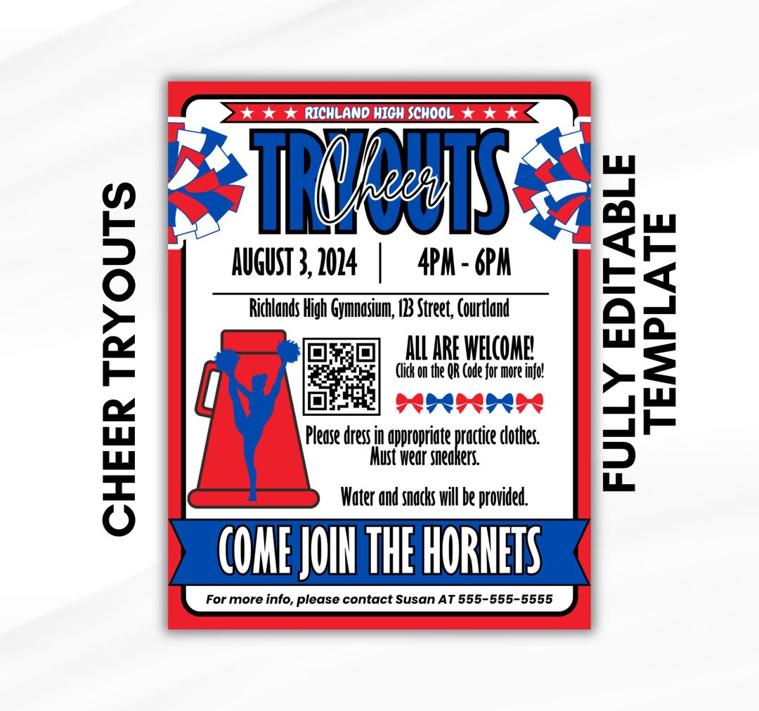 EDITABLE CHEER TRYOUT Flyer for High School or Competitive Cheer, Fully ...