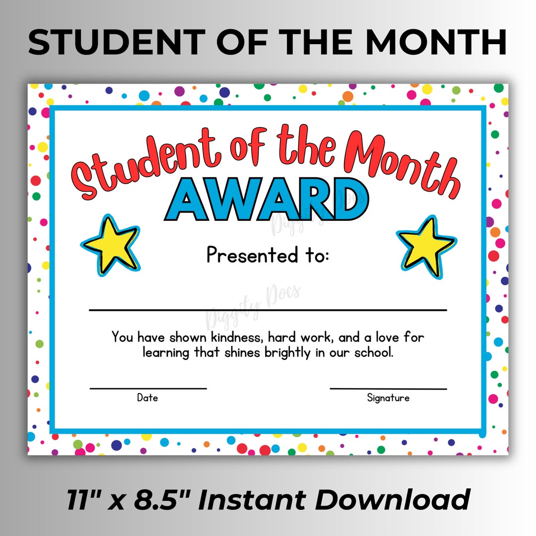 STUDENT of the MONTH Certificate School Award Printable PDF School ...