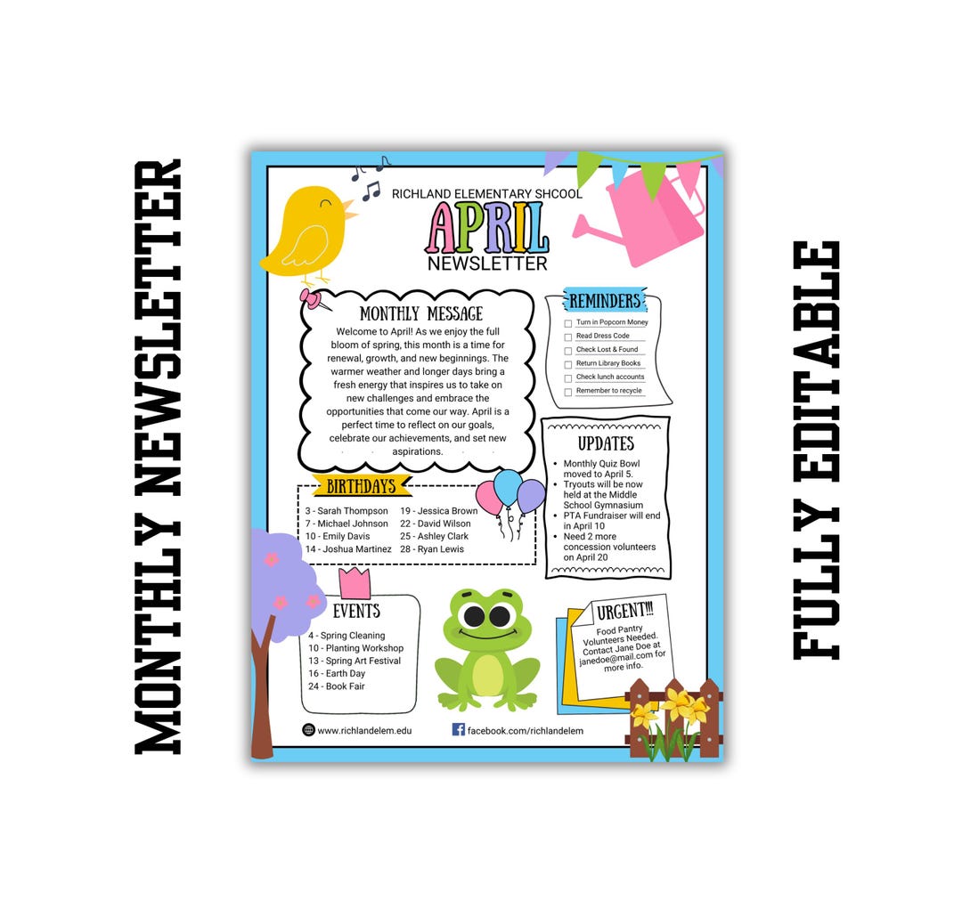 APRIL MONTHLY NEWSLETTER, All Elements Are Editable, Great for Schools ...