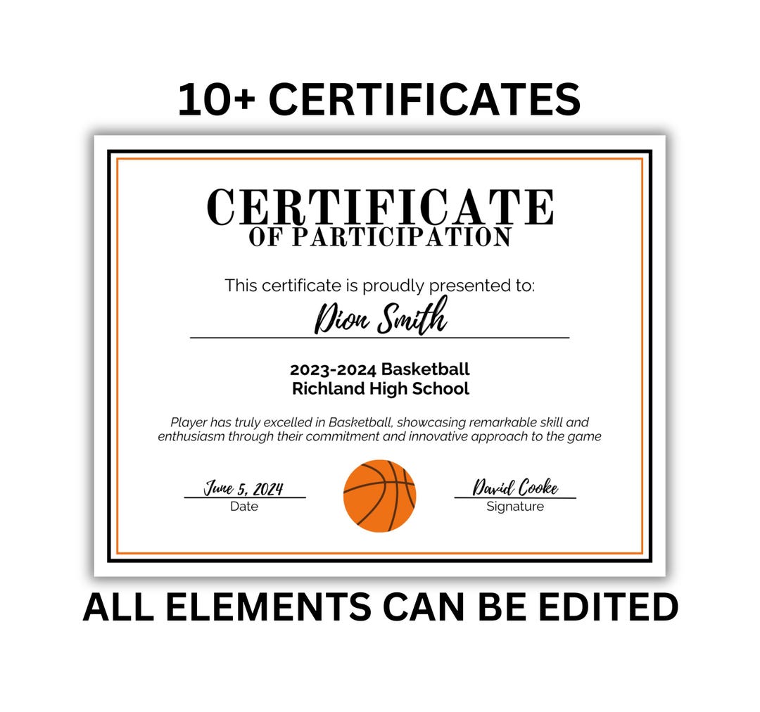 BASKETBALL Certificates | Fully Editable | Basketball Awards | End of ...