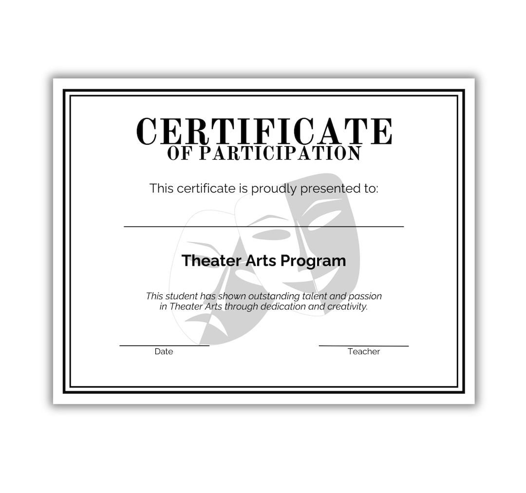 PRINTABLE Theater Arts Certificate of Participation Drama Club Creative ...