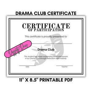 PRINTABLE DRAMA CLUB Certificate of Participation Theater Arts Creative ...