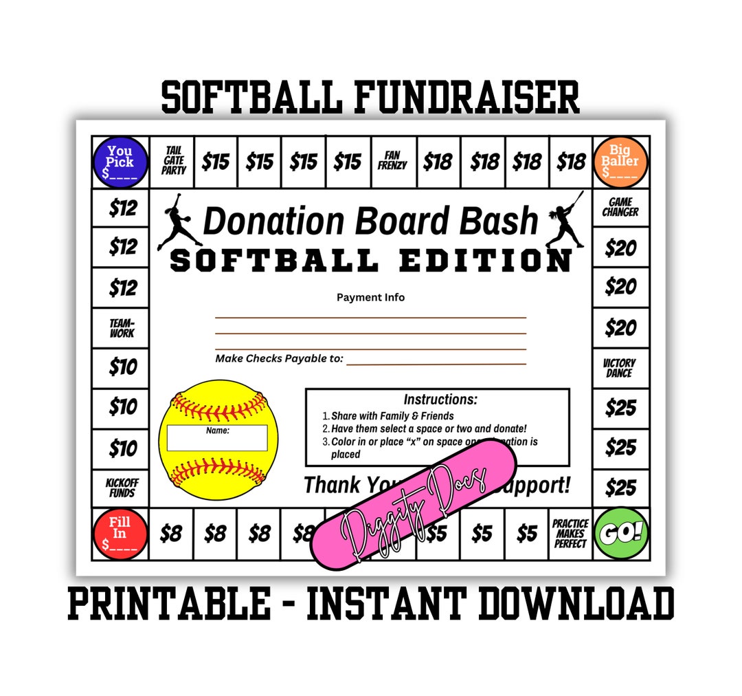 SOFTBALL FUNDRAISER Donation Board Bash Softball Edition Printable Game ...